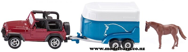 Jeep Wrangler (red) with Horsefloat (blue) & Horse (144mm) - Vehicles-Jeep : Model Barn - Siku