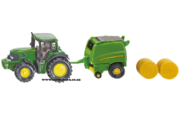 John Deere 7530 Tractor with John Deere 990 Round Baler (130m, missing ...