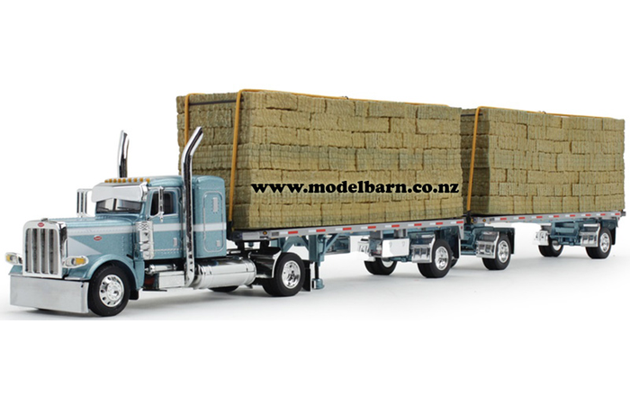 1/64 Peterbilt 389 (Pacific Blue) with 2 Flatbed Trailers & Hay Loads ...